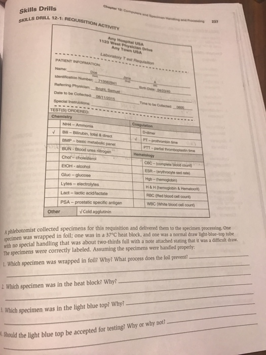 Solved A phlebotomist collected specimens for this | Chegg.com