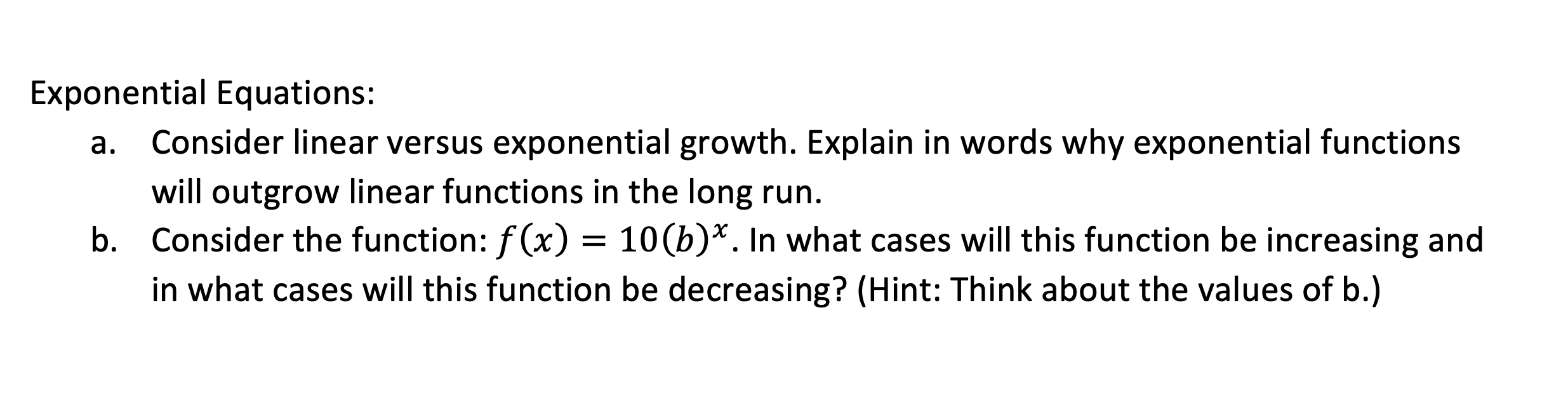 Solved Exponential Equations: a. Consider linear versus | Chegg.com
