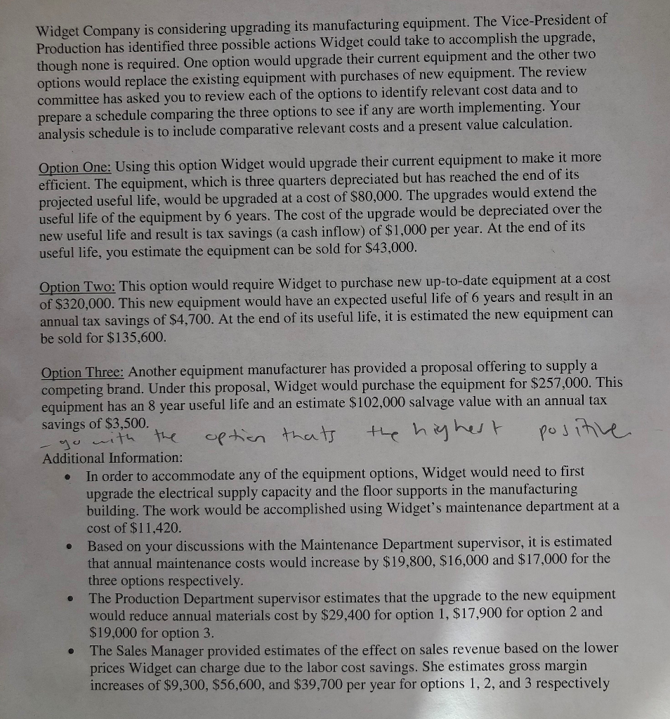 Solved Widget Company is considering upgrading its | Chegg.com