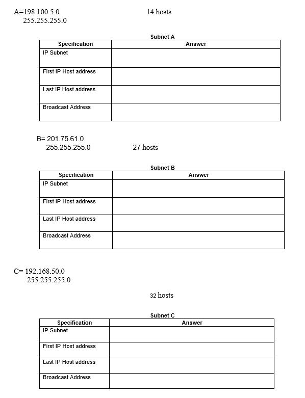 Solved 14 hosts A=198.100.5.0 255.255.255.0 Subnet A Answer | Chegg.com