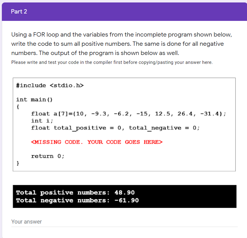 Solved Part 2 Using A For Loop And The Variables From The
