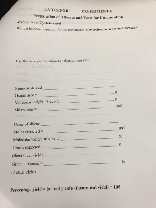 Solved LAB REPORT EXPERIMENT 8 Preparation of Alkenes and | Chegg.com