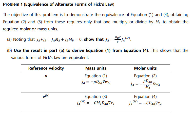 Solved Problem 1 (Equivalence of Alternate Forms of Fick's | Chegg.com