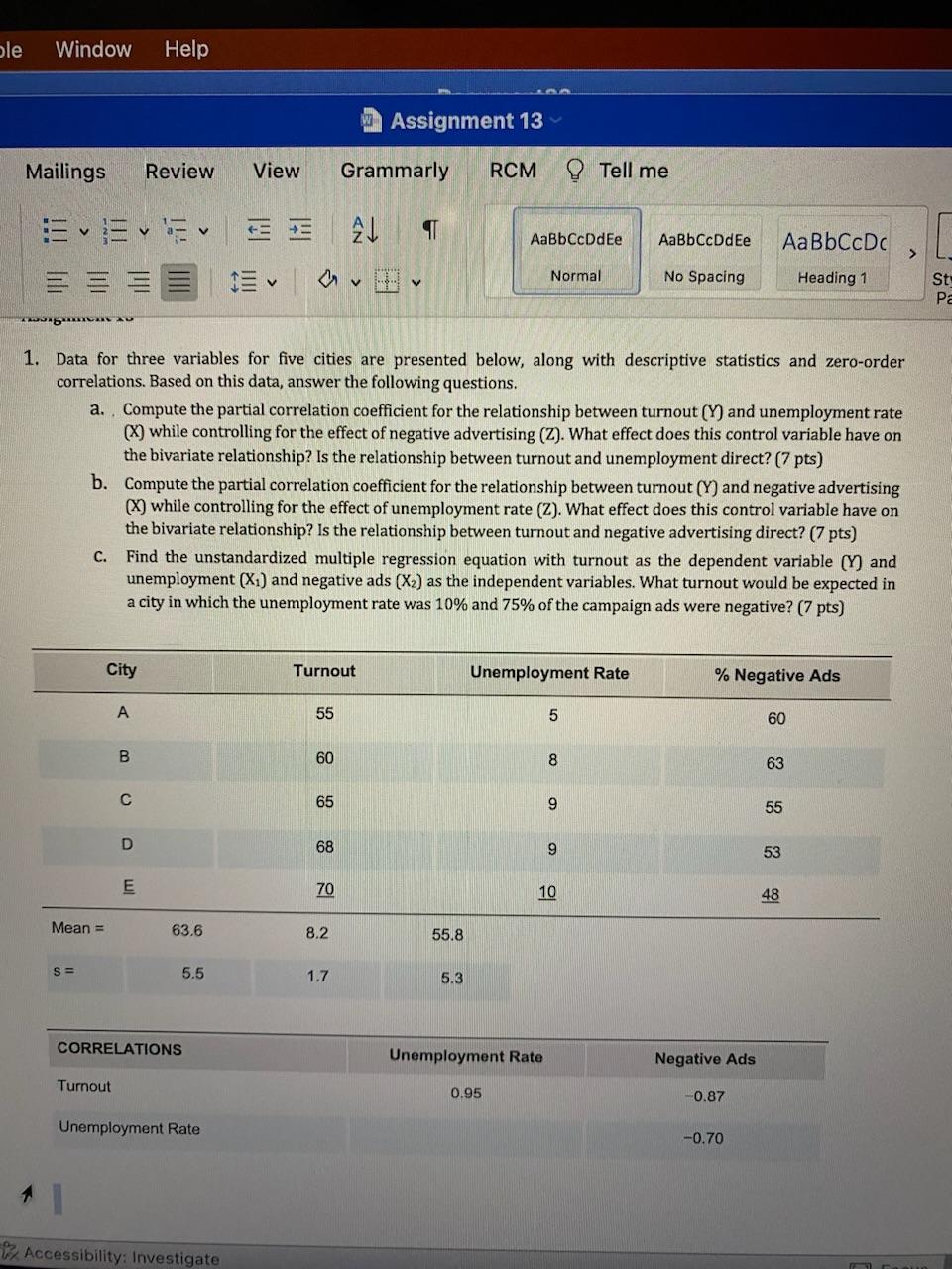 Solved 1. Data for three variables for five cities are | Chegg.com