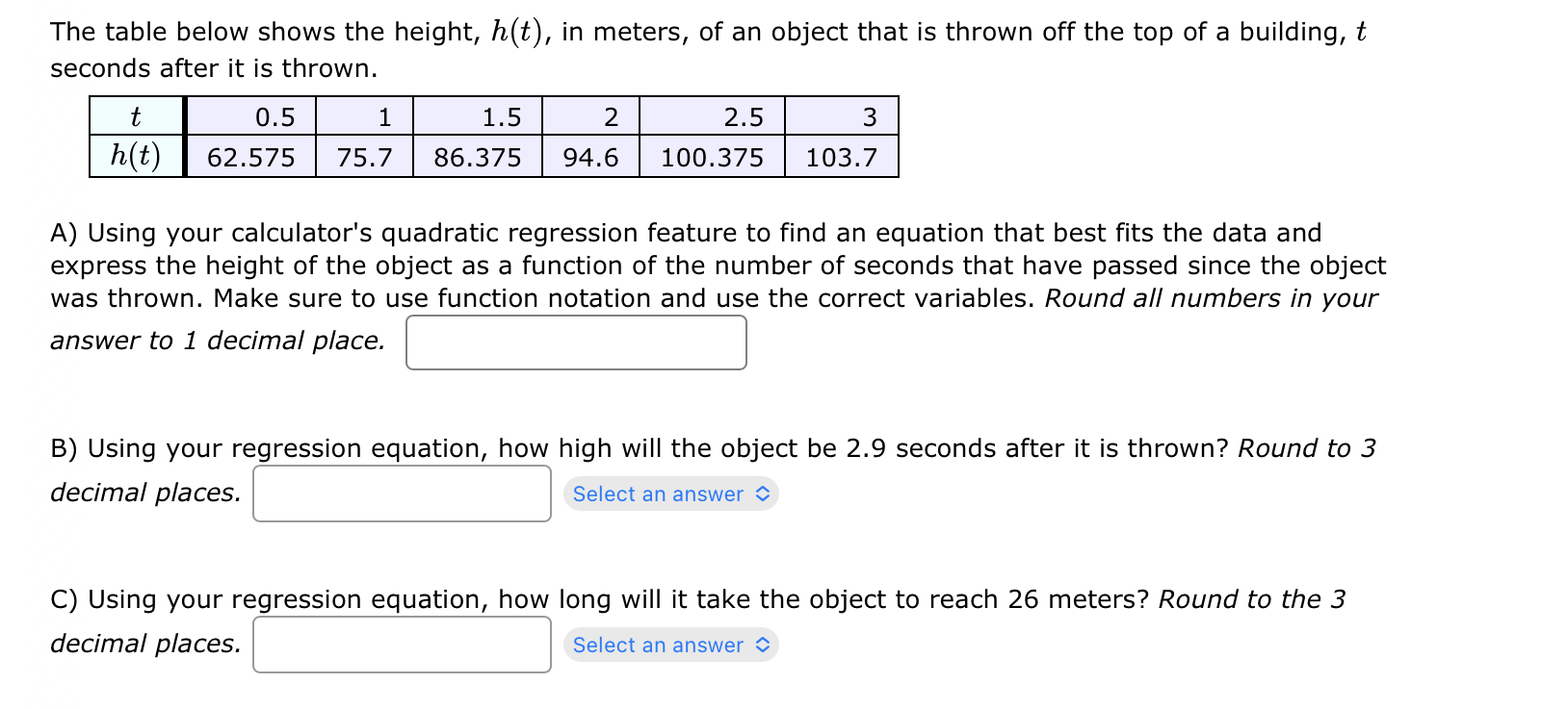 Solved The table below shows the height, h(t), in meters, of | Chegg.com
