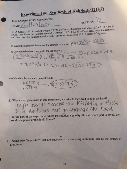 Solved Experiment #6. Synthesis of Kal(So)2-12H20 | Chegg.com