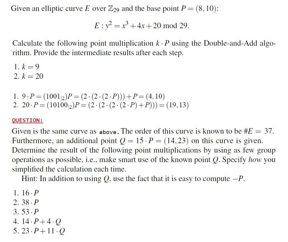 Given an elliptic curve E over Z29 and the base point | Chegg.com