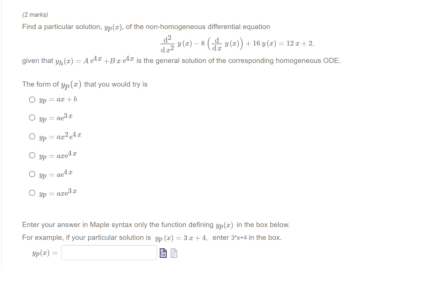 Solved Find a particular solution, yp(x), of the | Chegg.com