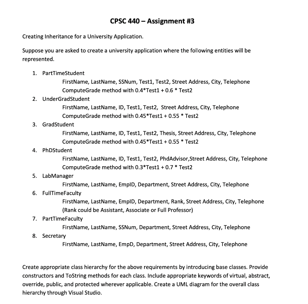 CPSC 440 - Assignment #3 Creating Inheritance for a | Chegg.com