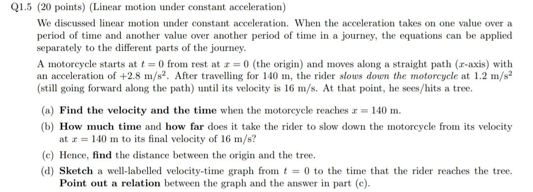 Solved 1.5 (20 points) (Linear motion under constant | Chegg.com