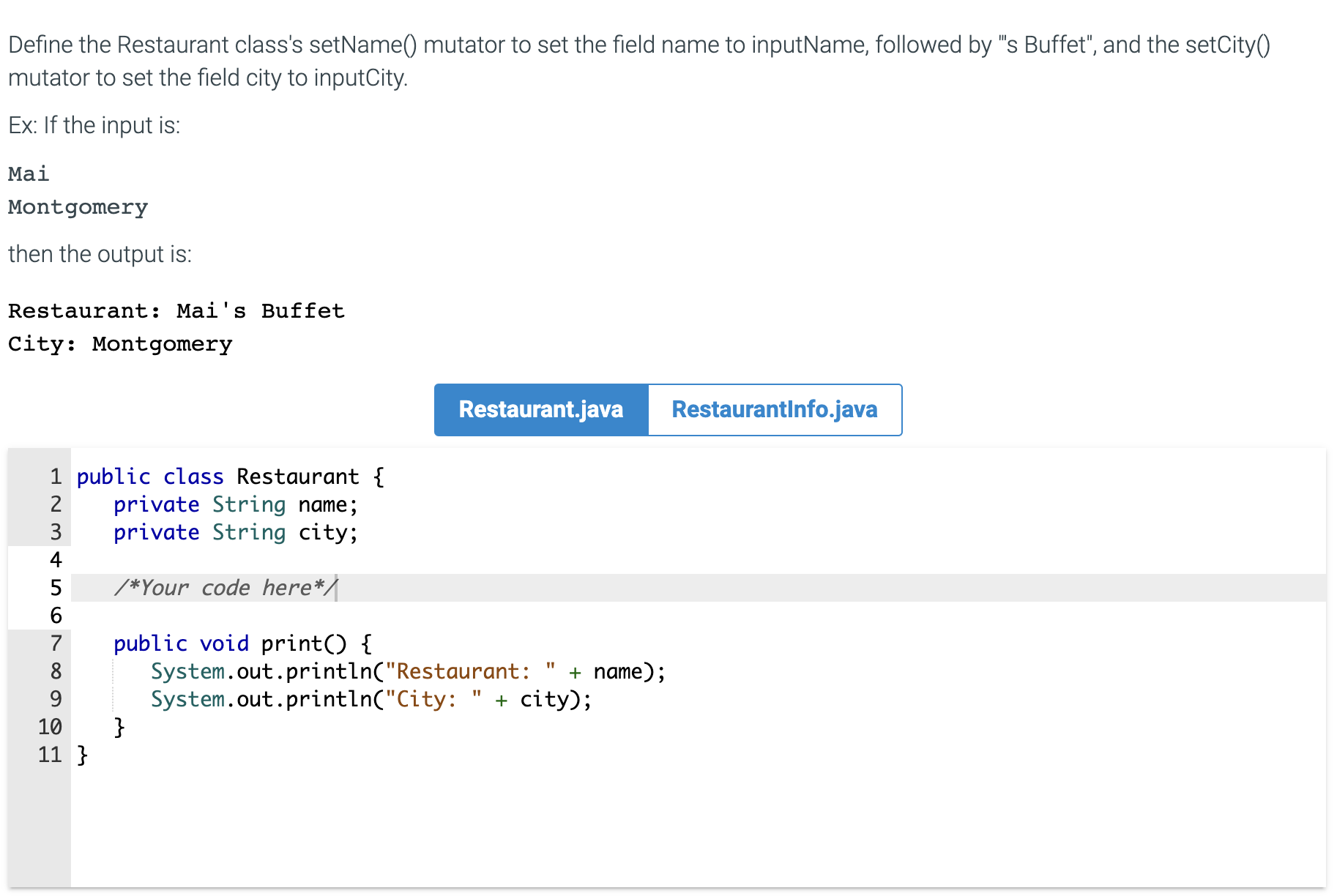 Solved Define the Restaurant class's setName() ﻿mutator to | Chegg.com