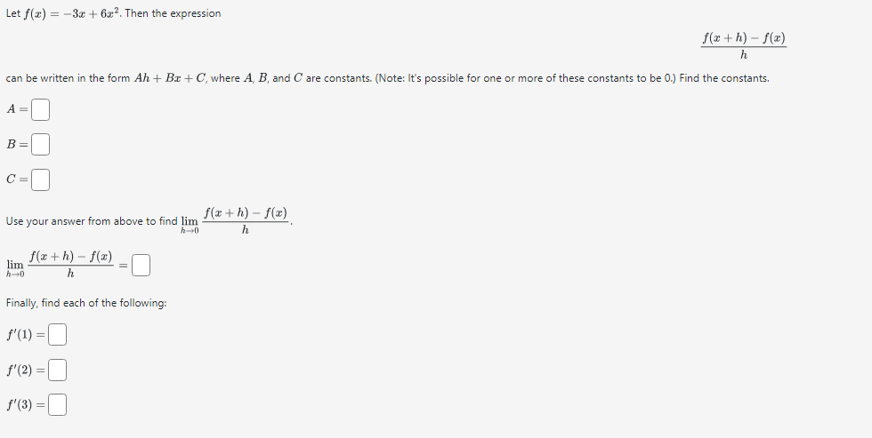 Solved Let f(x)=−3x+6x2. Then the expression hf(x+h)−f(x) | Chegg.com