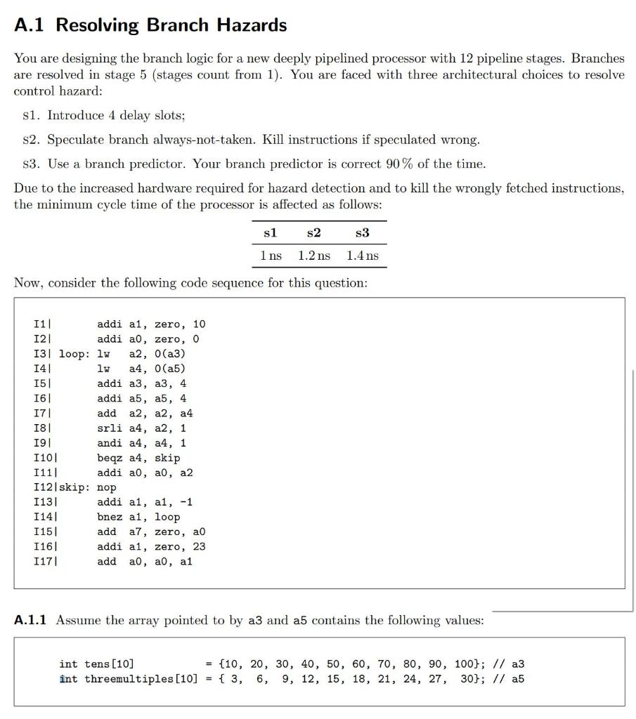 A.1 Resolving Branch Hazards You are designing the | Chegg.com