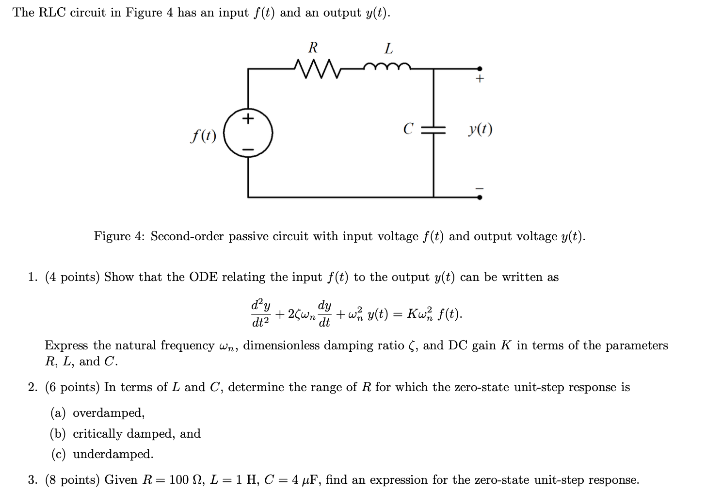Solved The RLC circuit in Figure 4 has an input f(t) and an | Chegg.com