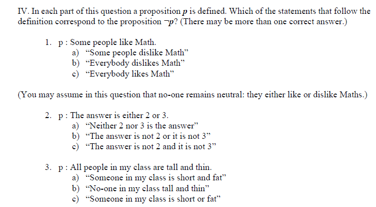 Solved IV. In each part of this question a proposition p is | Chegg.com
