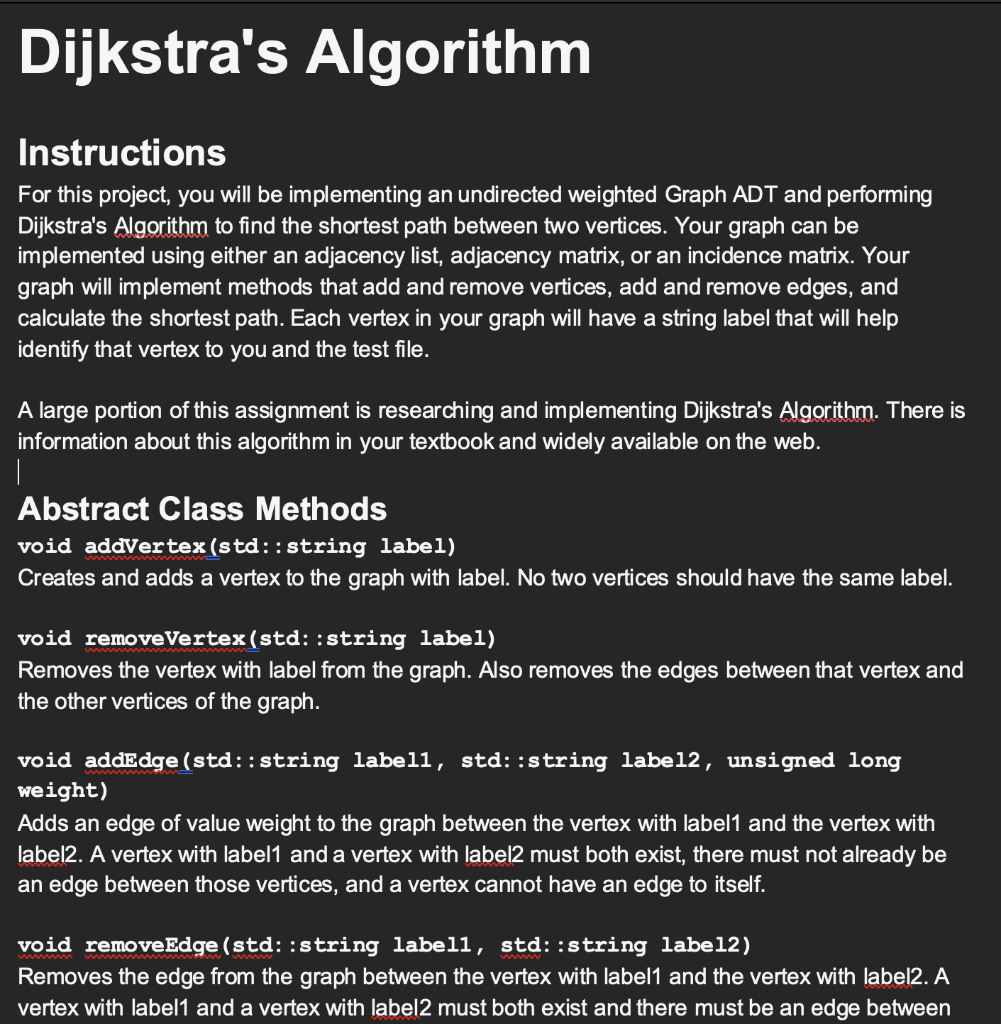 Solved Dijkstra's Algorithm Instructions For this project, | Chegg.com