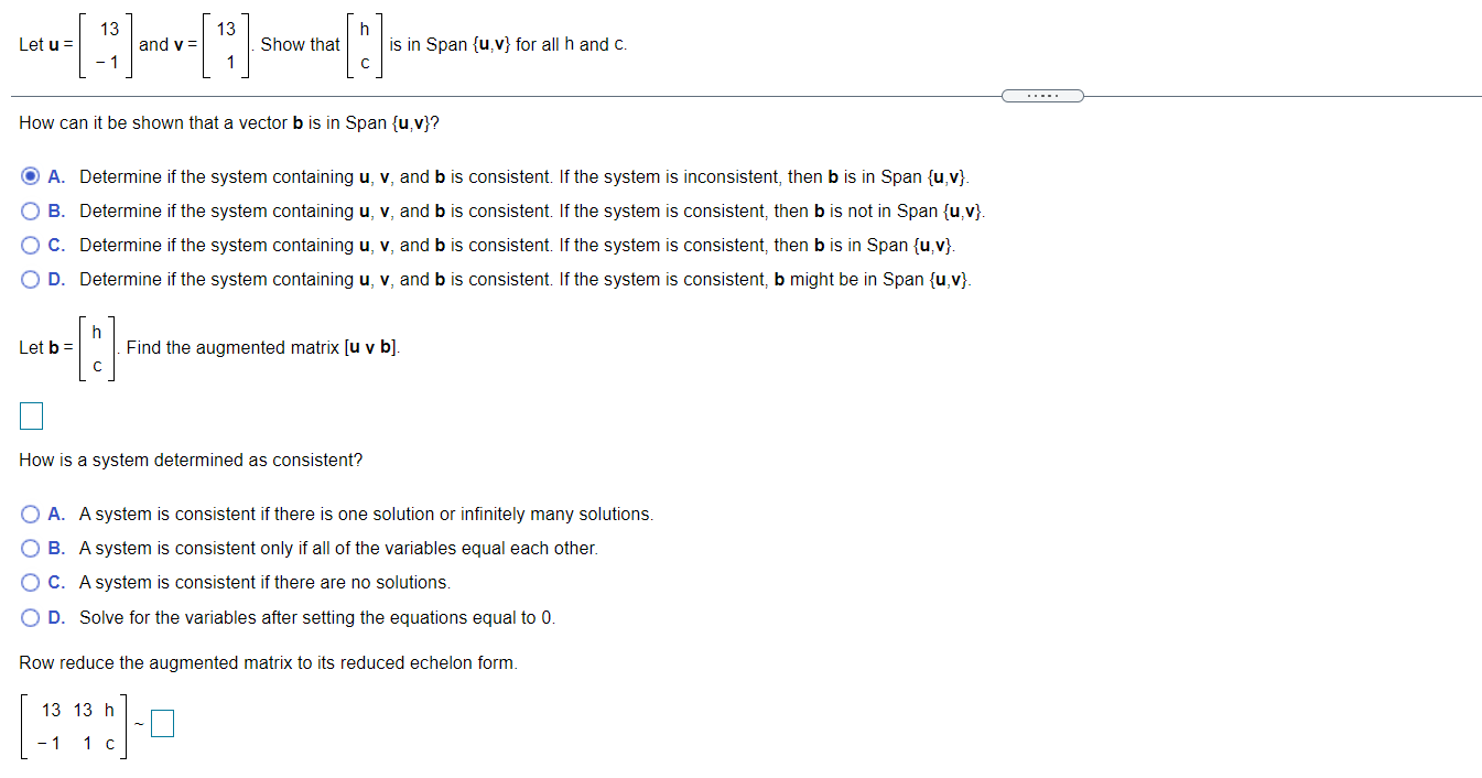 Solved 13 13 h Let u= and v= Show that is in Span (u,v} for | Chegg.com