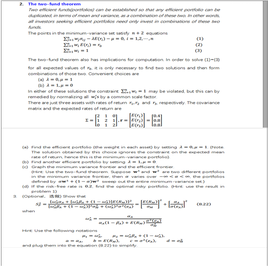 2. The two-fund theorem Two efficient funds | Chegg.com