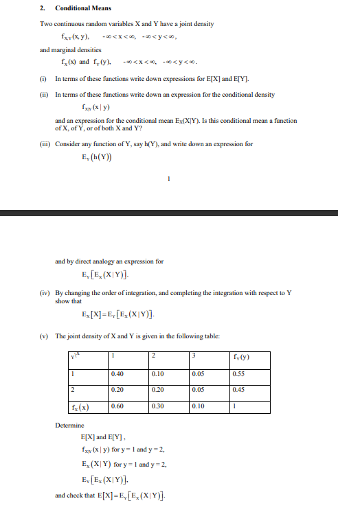 Solved 2. Conditional Means Two continuous random variables | Chegg.com