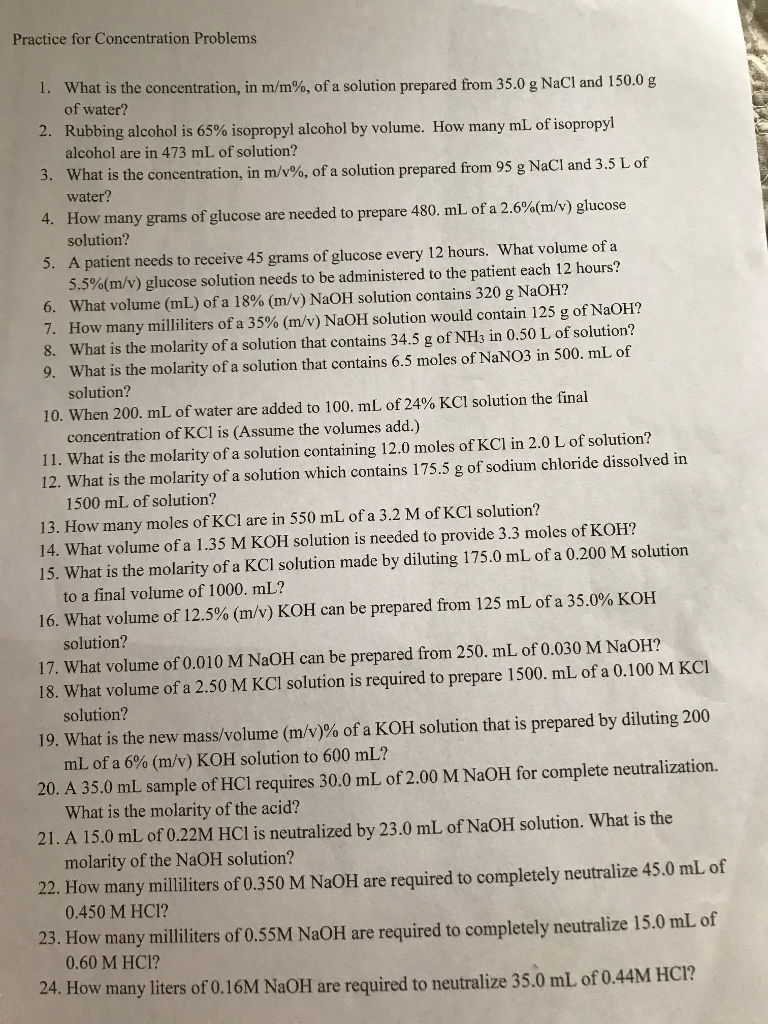 Solved Practice for Concentration Problems I. What is the | Chegg.com