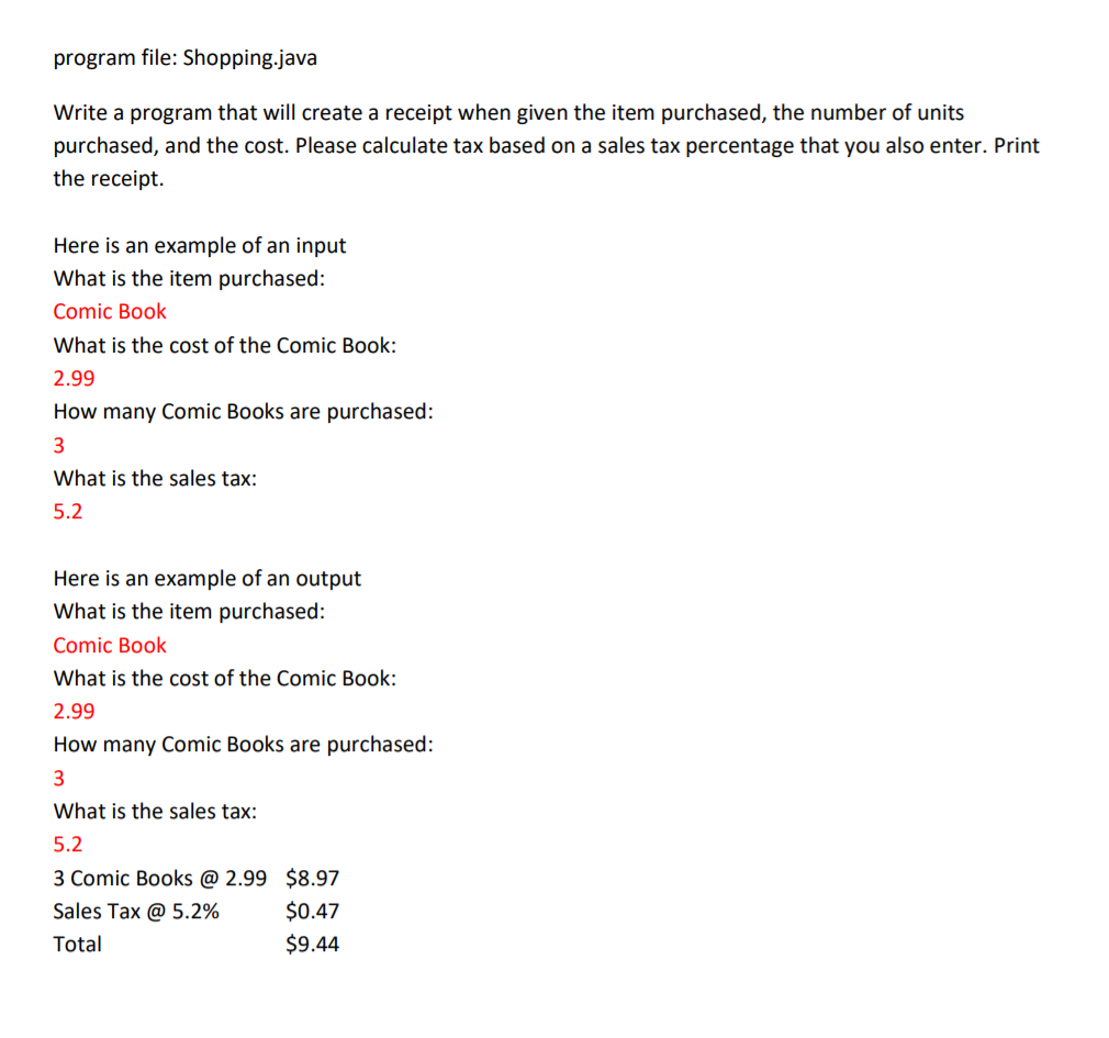 Solved program file: Shopping.java Write a program that will | Chegg.com