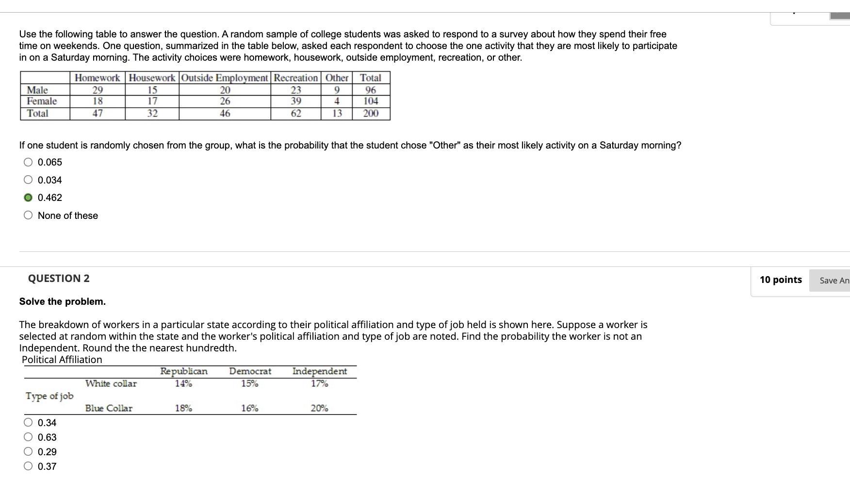 Solved Use the following table to answer the question. A | Chegg.com