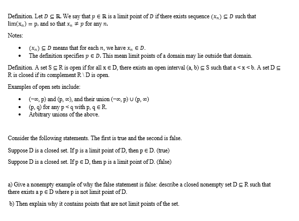 Solved Definition. Let DR. We say that p ER is a limit point | Chegg.com