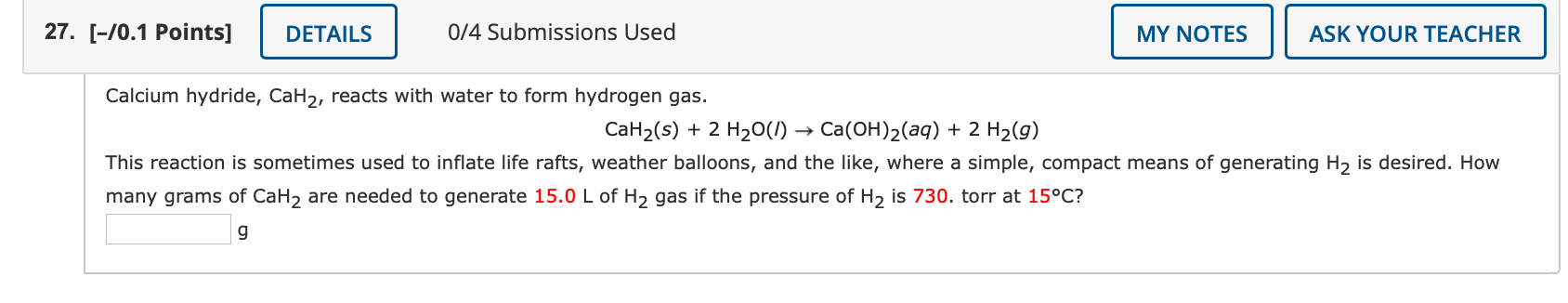 Solved Calcium hydride, CaH2, reacts with water to form | Chegg.com