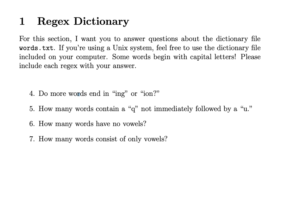 Solved 1 Regex Dictionary For this section, I want you to | Chegg.com