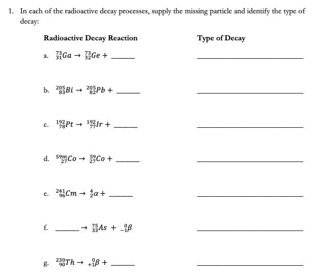 Solved 1. In each of the radioactive decay processes, supply | Chegg.com