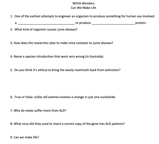 Solved NOVA Wonders Can We Make Life 1. One of the earliest | Chegg.com