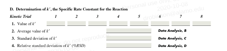 Solved D. Determination of k′, the Specific Rate Constant | Chegg.com