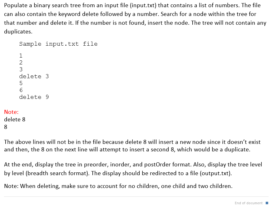 Solved Populate a binary search tree from an input file | Chegg.com