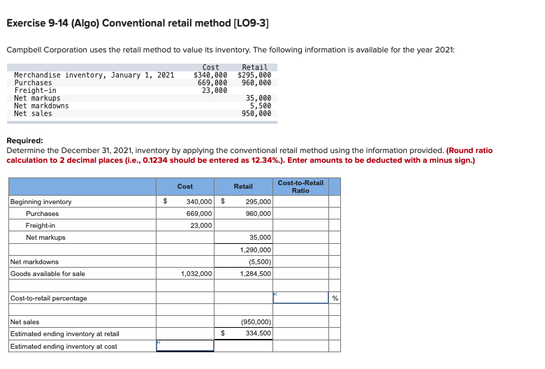Solved Exercise 9-14 (Algo) Conventional retail method | Chegg.com