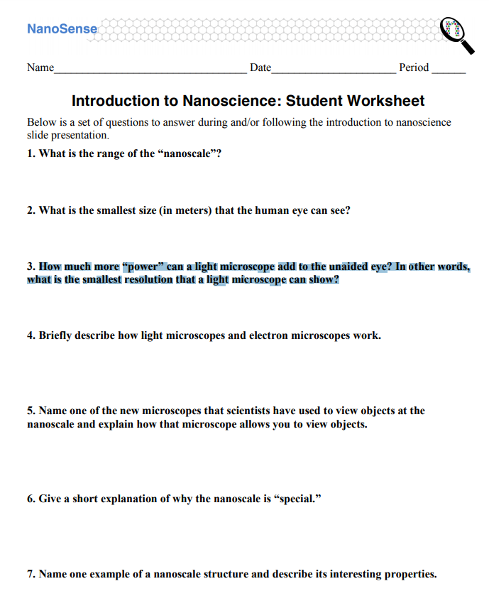 Solved NanoSense SA Name Date Period Introduction to | Chegg.com