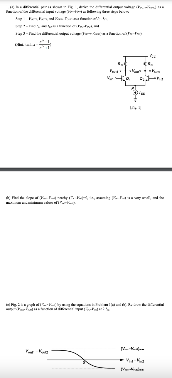 Solved 1. (a) In a differential pair as shown in Fig. 1, | Chegg.com