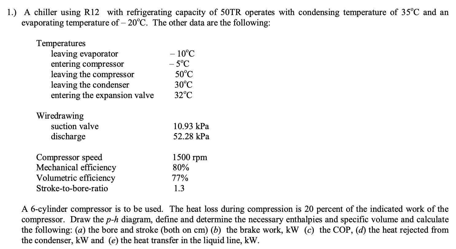 Solved 1.) A chiller using R12 with refrigerating capacity | Chegg.com