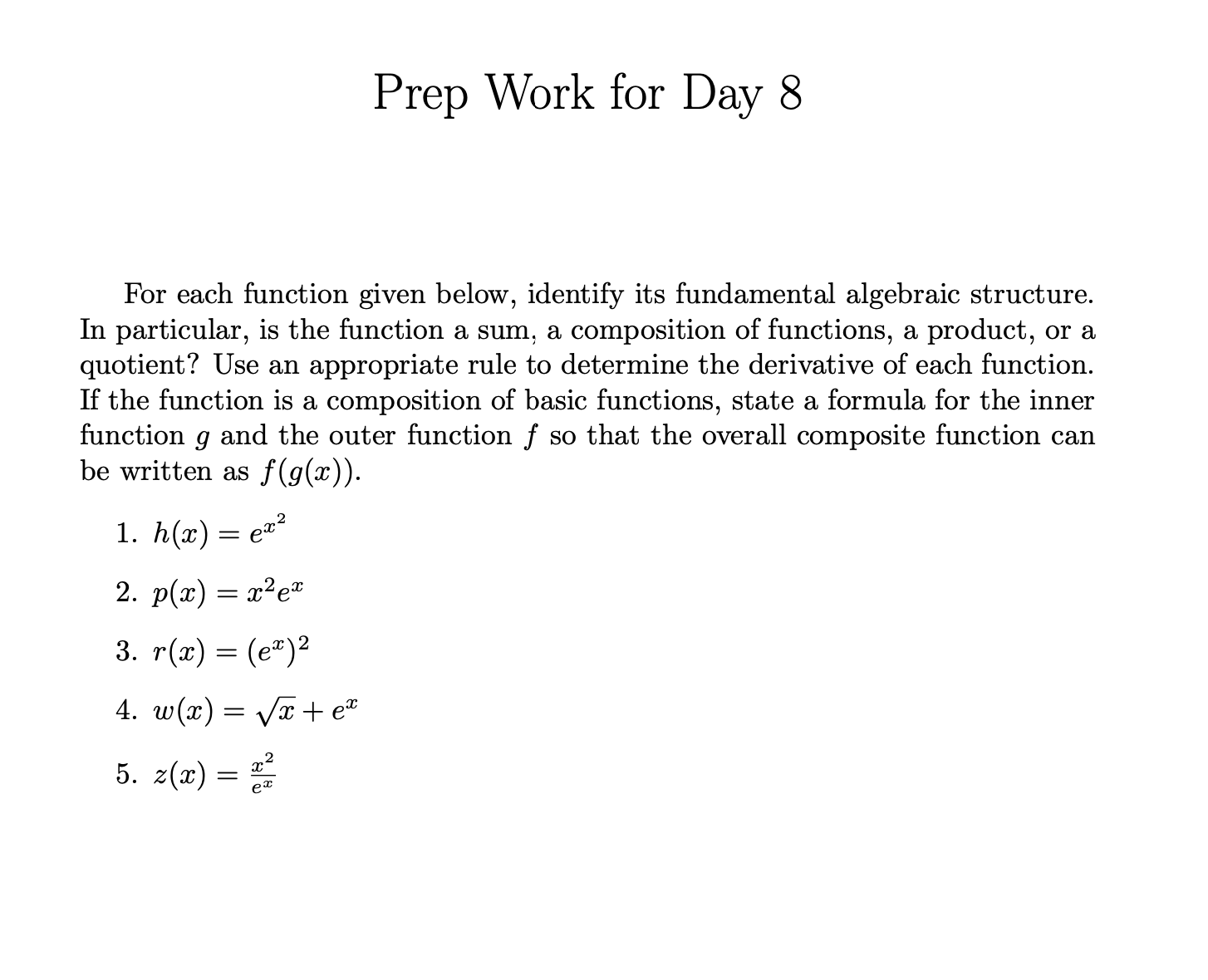 Solved Prep Work for Day 8 For each function given below, | Chegg.com
