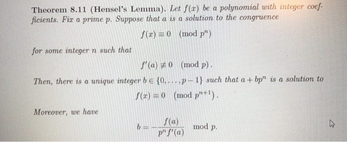 Solved Theorem 8.11 (Hensel's Lemma). Let f(a) be a | Chegg.com
