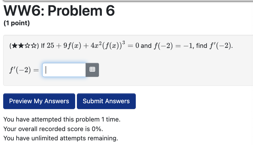 Solved WW6: Problem 6 (1 point) f′(−2)= You have attempted | Chegg.com