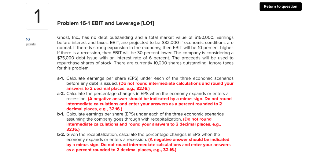 Solved Return to question Problem 16-1 EBIT and Leverage | Chegg.com