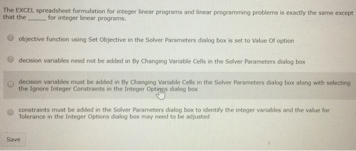 Solved The EXCEL spreadsheet formulation for integer linear | Chegg.com