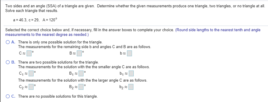 Solved Two sides and an angle (SSA) of a triangle are given. | Chegg.com