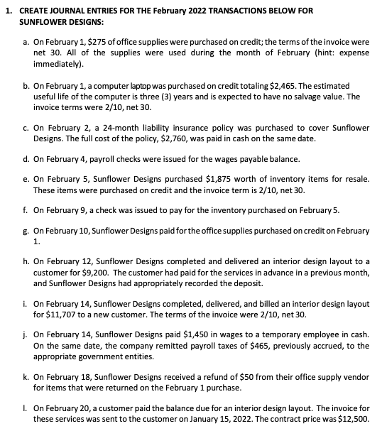 Solved 1. CREATE JOURNAL ENTRIES FOR THE February 2022 | Chegg.com