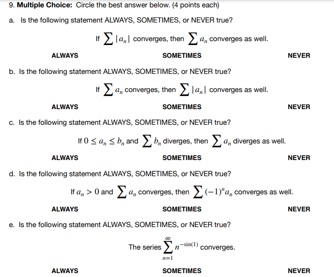 Solved 9. Multiple Choice: Circle the best answer below. (4 | Chegg.com
