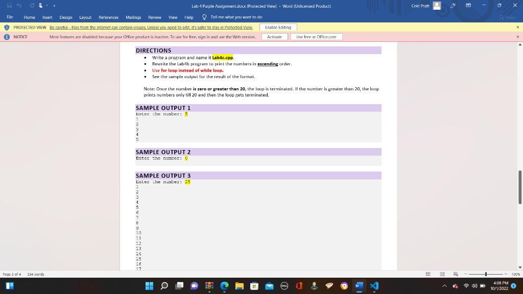 Solved DIRECTIONS - Write a program and name it Lab4c.cpp. - | Chegg.com