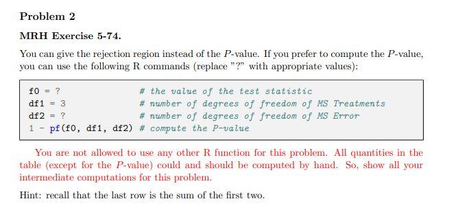 Solved 5-74. A Minitab ANOVA output is shown below. Fill in | Chegg.com