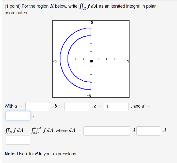 Solved (1 point) For the region R below, write ∬RfdA as an | Chegg.com