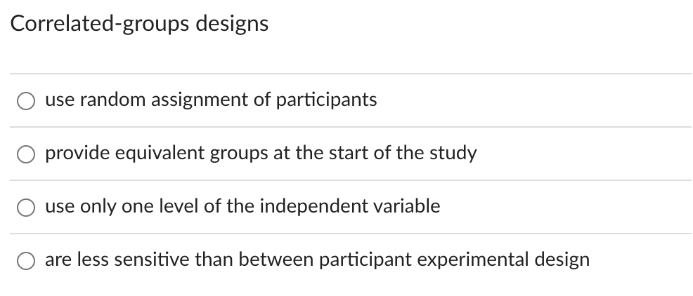 Solved Correlated-groups designs use random assignment of | Chegg.com