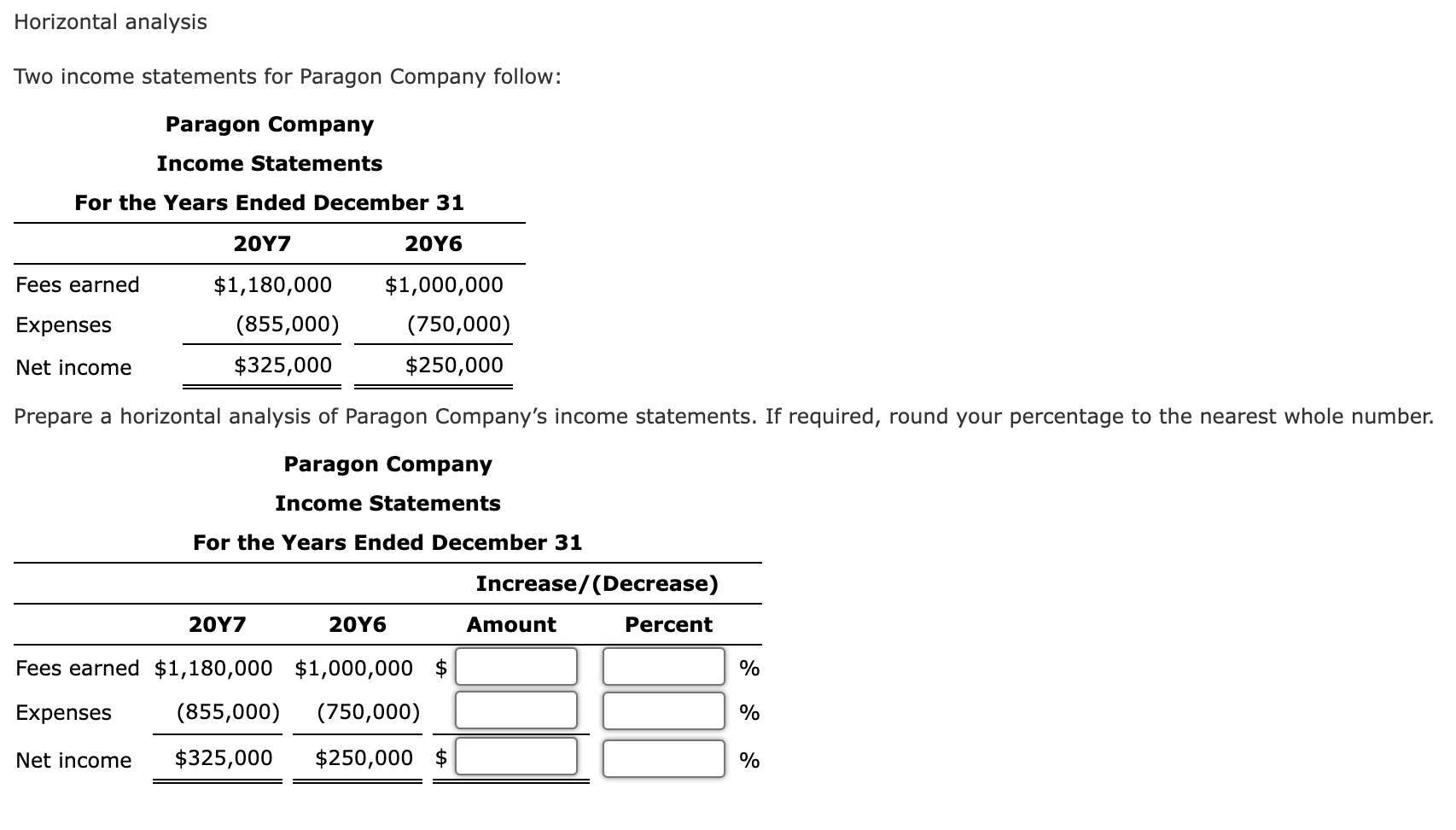 Solved Horizontal analysis Two income statements for Paragon | Chegg.com